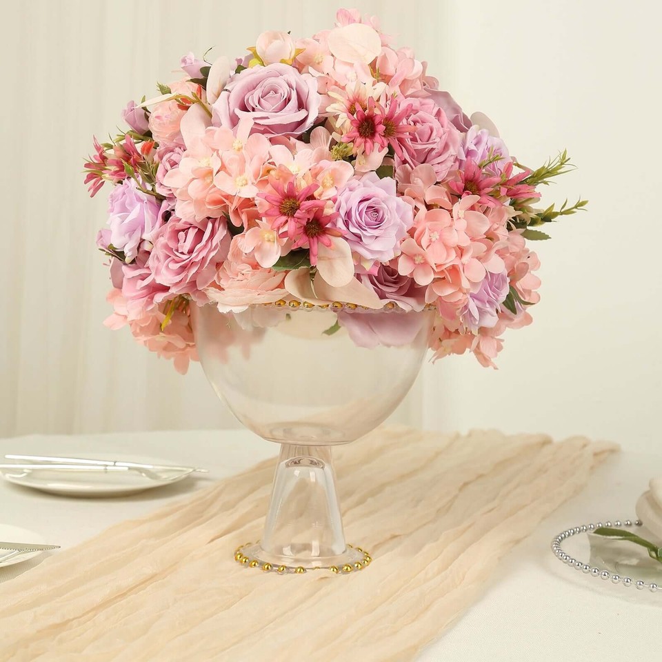 8" Clear Pedestal Bowl Glass Flower Vase with Gold Beaded Rim ...