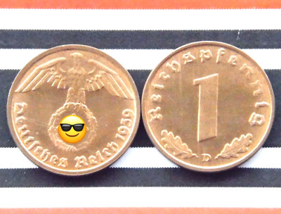 GERMAN Coin 1939 D 1 REICHSPFENNIG COPPER THIRD REICH WW2 + UNC ...