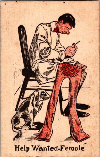 Postcard Help Wanted - Female Sewing Man with Dog Topical Humor Card | eBay