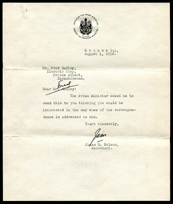 Canada 1958 OFIICE OF THE PRIME MINISTER Letter. Signed by Secretary | eBay