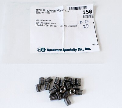 (20) KATO Free Running Thread Inserts #10-32 UNF X 0.380" 304SS 2D ...