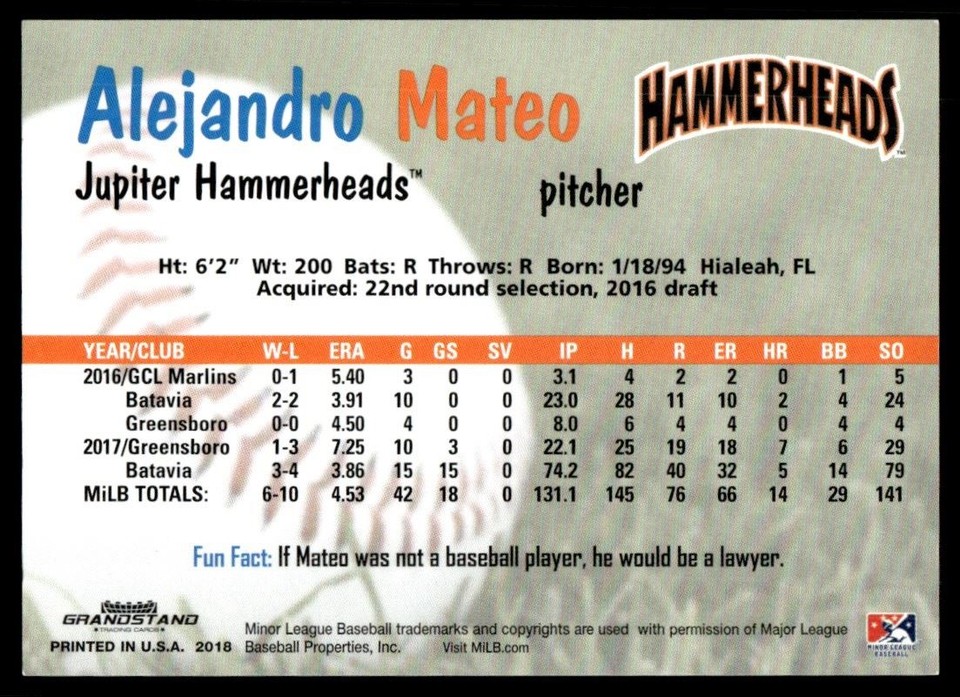 2018 Alejandro Mateo Choice Minor League Rookie Marlins Jupiter ...