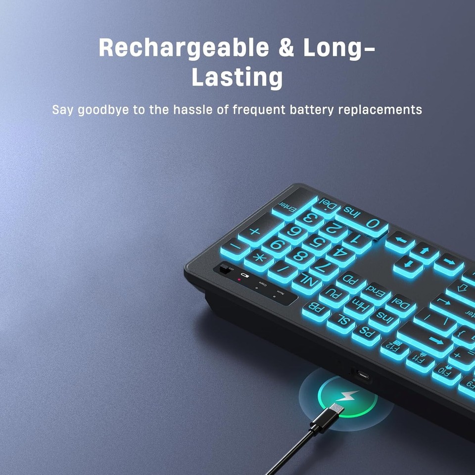 Large Print Backlit Wireless Keyboard, 2.4G Silent Wireless Light Up ...