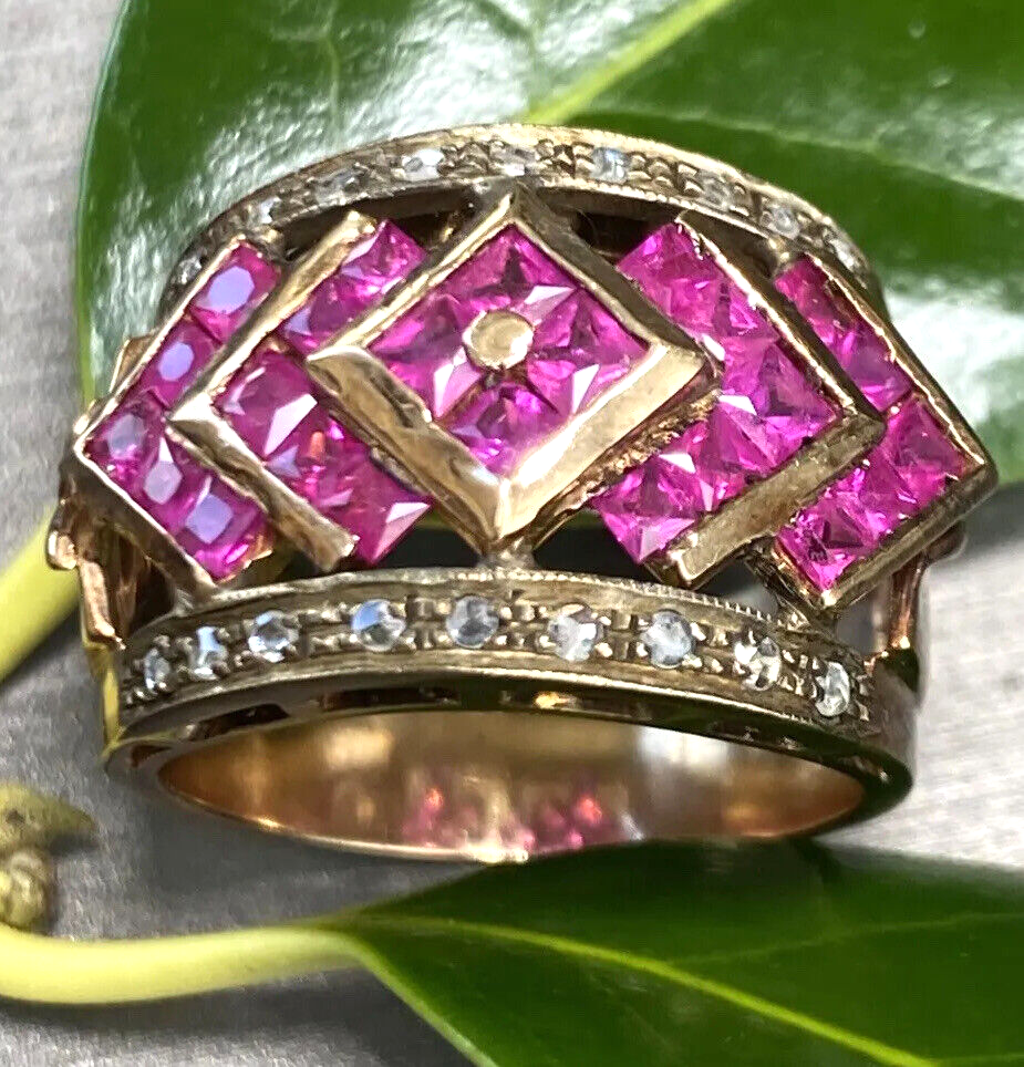 Vintage Ruby Diamond Band Ring Estate Fine Jewelry Pre-Owned Chevron X ...