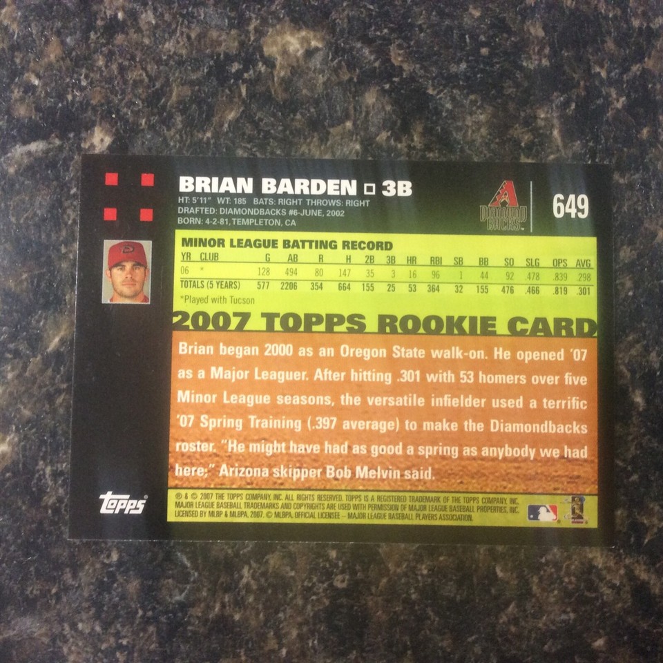 2007 Topps #649 Brian Barden RC Arizona Diamondbacks | eBay