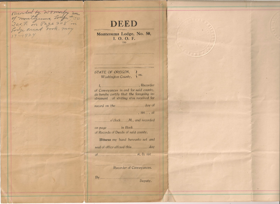 #803 Hillsboro OREGON 1924 Montezuma Lodge No. 50 IOOF Cemetery Deed ...