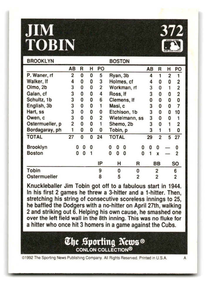 Jim Tobin 1992 Conlon Collection TSN Baseball #372 Boston Braves | eBay