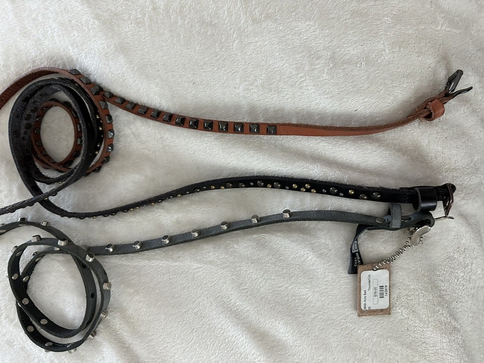 1 LOT OF 3 SKINNY LEATHER BELTS NEW CAMEL BLACK GRAY STUDDED BRAVE ...