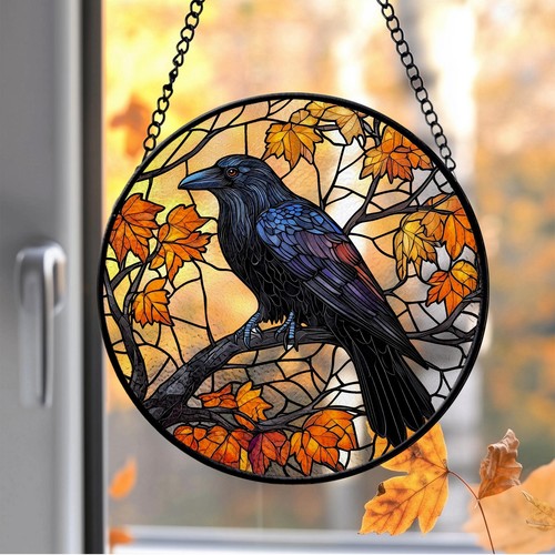 Black Crow Portrait Glass Suncatcher, Crow Dead Leaves Window Hangings ...