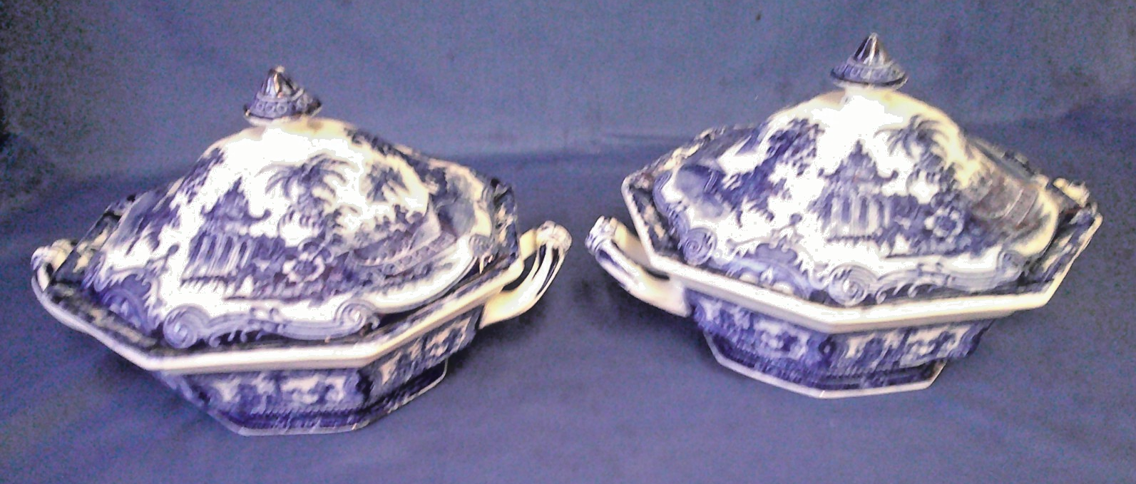 Antique William Adams & Co Kyber Flow Blue 2 Tureens Blue Transfer ...