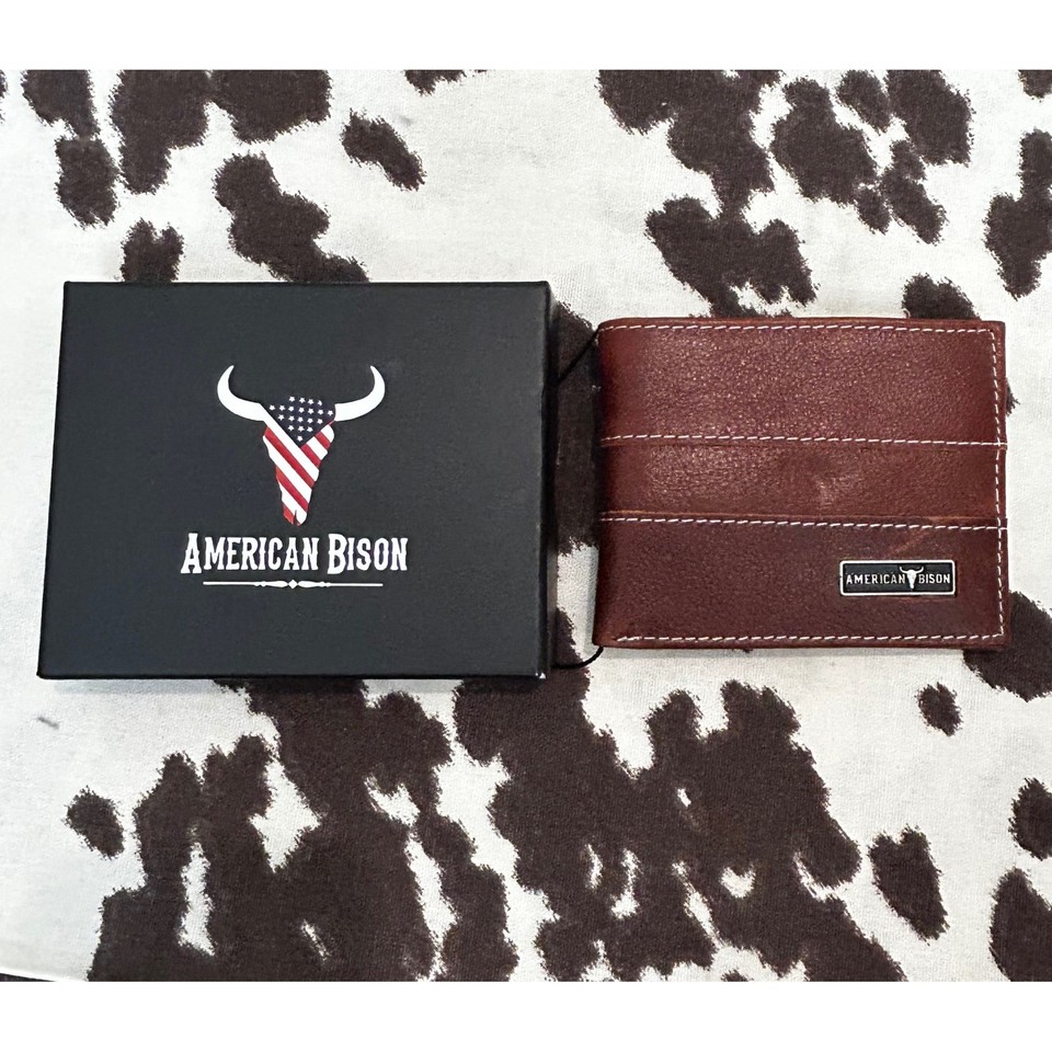 American Bison Mens Genuine Leather Bifold Wallet Brown Western RFID ...