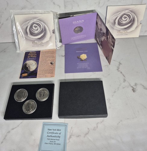 PRINCESS DIANA COINS LOT OF 5, 2 MEMORIAL COINS AND ONE SET OF 3 NEW ...