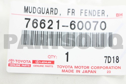 7662160070 Genuine Toyota MUDGUARD SUB-ASSY, FRONT FENDER, RH 76621 ...