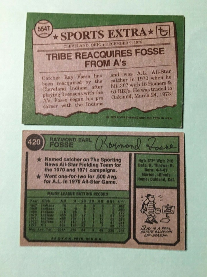2 Ray Fosse Cards - 1974 Topps #420 + 1976 Topps # 554T (Traded Card ...
