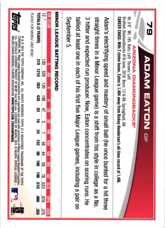 2013 Topps 79 Adam Eaton Arizona Diamondbacks | eBay