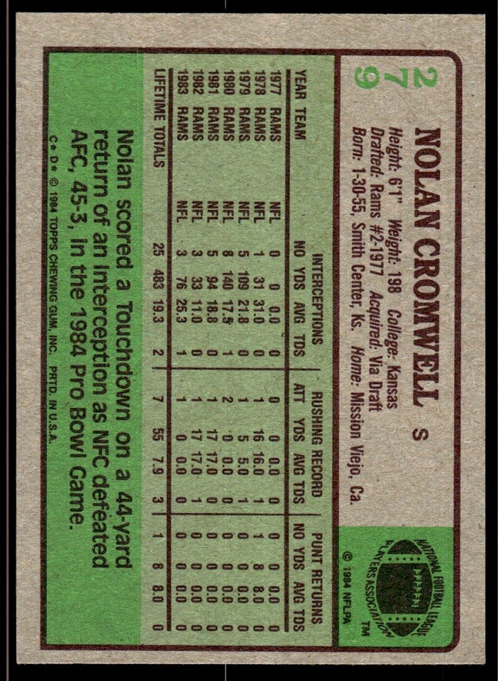 1984 TOPPS NOLAN CROMWELL LOS ANGELES RAMS #279 | eBay