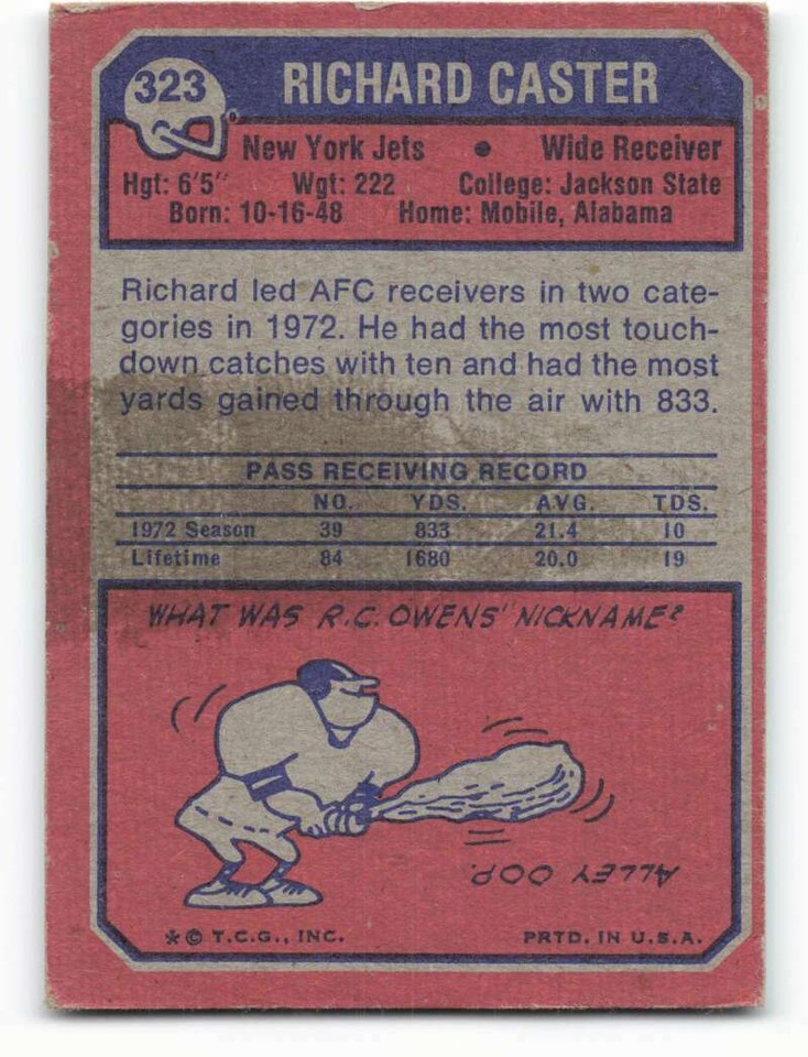 1973 Topps #323 Richard Caster VG Very Good NY Jets ID:239287 | eBay