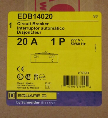 SQUARE D EDB14020 Single Pole 20 Amp Type EDB Circuit Breaker 277 VAC ...