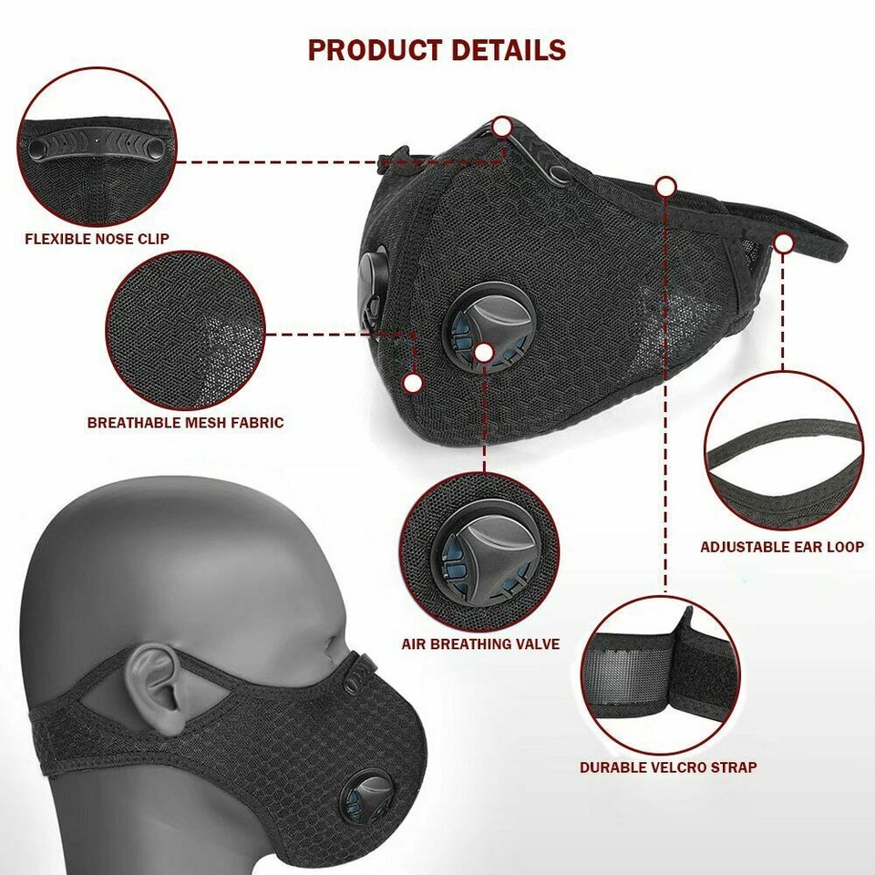 Reusable Dual Air Breathing Valve Face Mask Cover with Activated Carbon ...