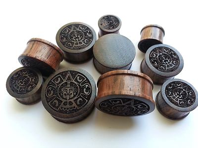 One Pair HandMade Mexican Aztec Mayan Calendar Sono Wood Double Flared ...