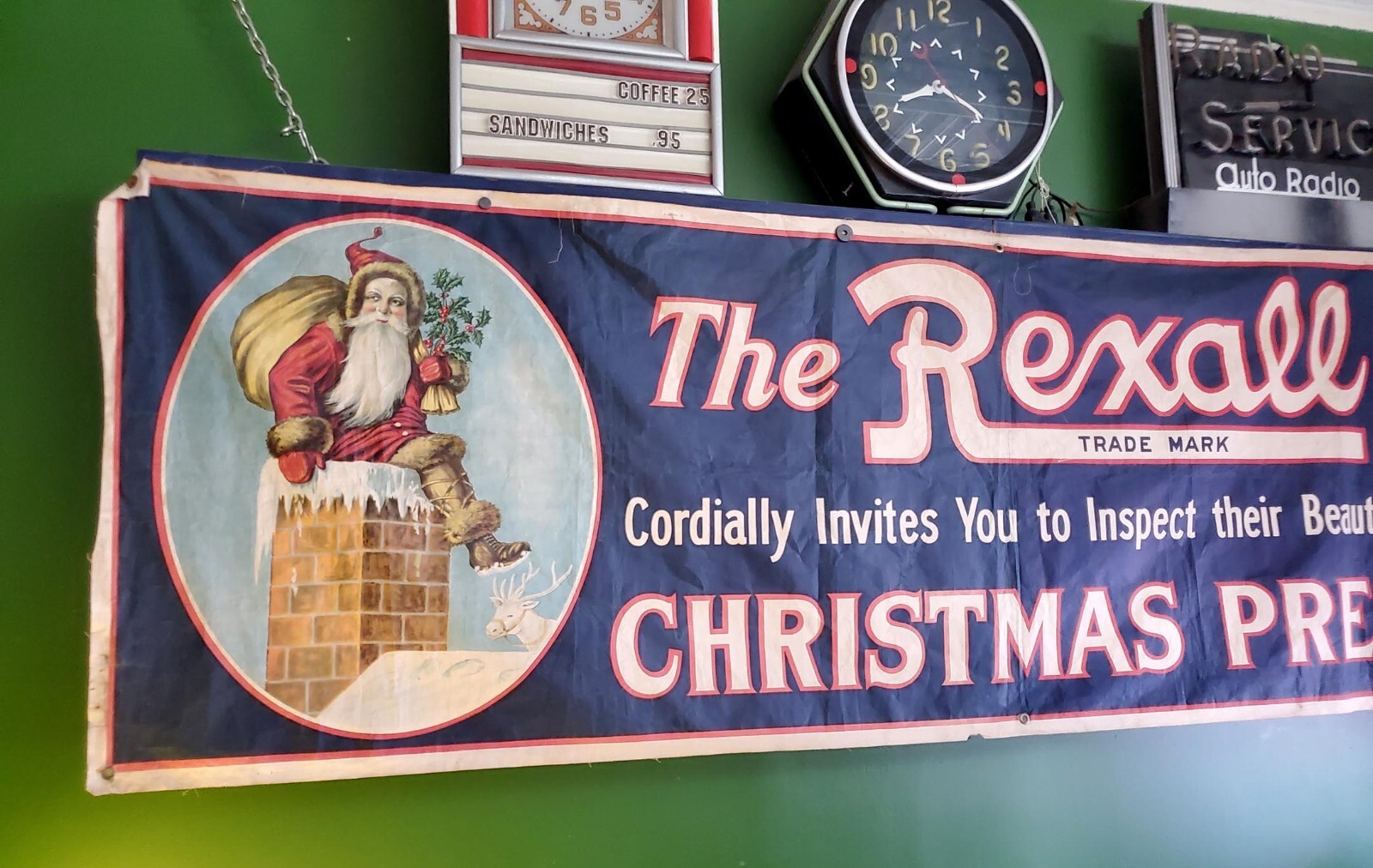 1920's Rexall Christmas Santa cloth muslin sign, see my porcelain neon ...