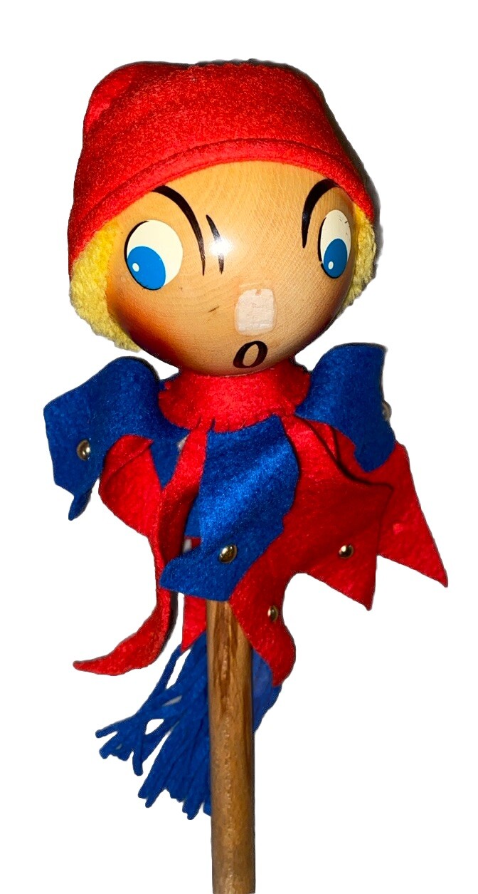 JESTER HEAD ON STICK PUPPET SPINNING MUSICAL WOOD CLOWN MARDI GRAS VTG ...