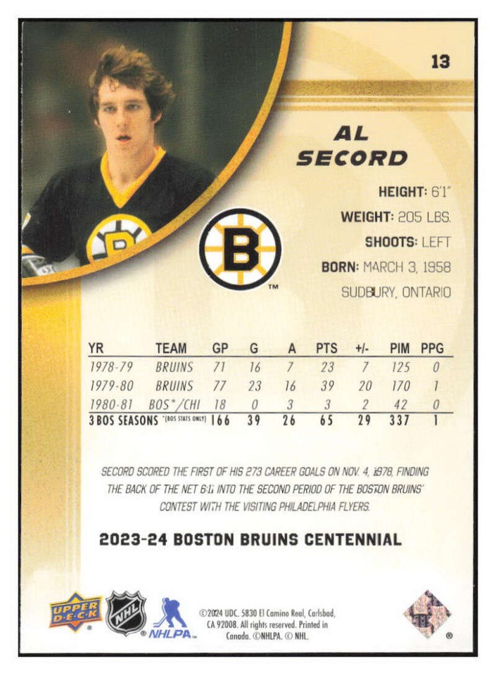 Al Secord 2023-24 Upper Deck Boston Bruins Centennial #13 NHL Box Set ...