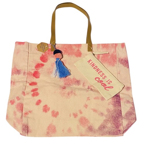 Eccolo Canvas PomPom Tote Bag Pink Tie Dye Print With Pouch Knidness is ...