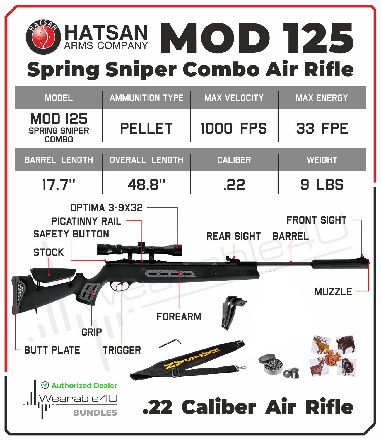 Hatsan Mod 125 Spring Sniper .22 Cal Air Rifle with Targets and Pellets ...