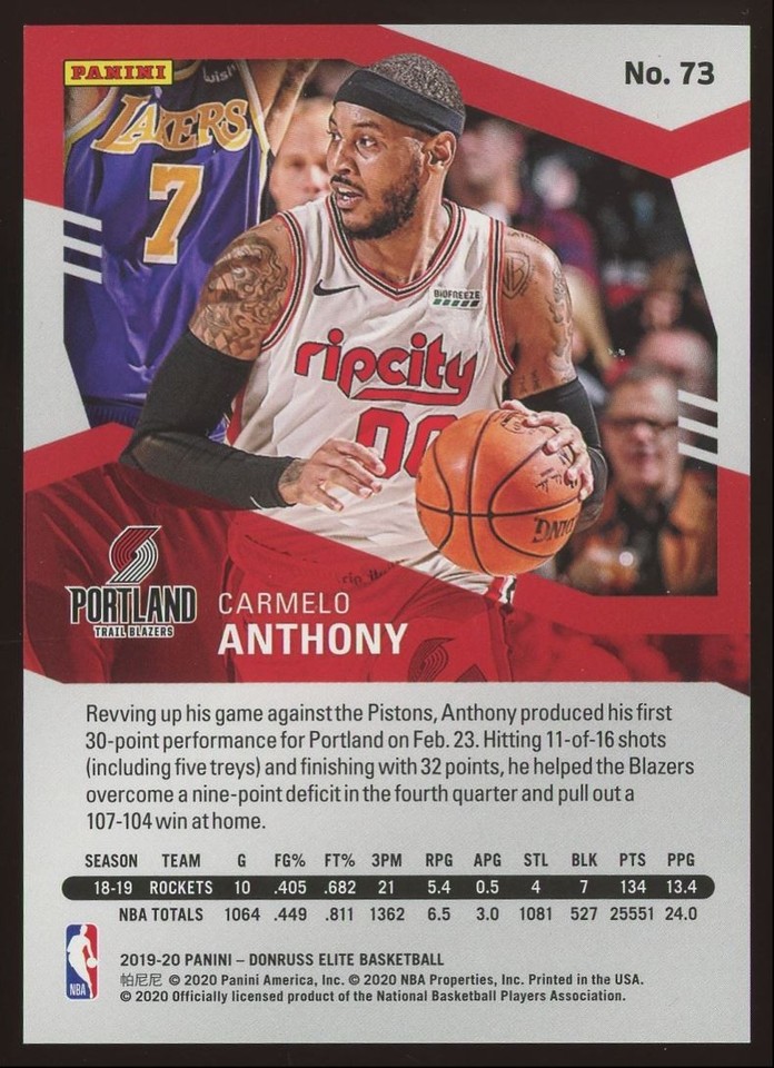 Carmelo Anthony #73 2019-20 Donruss Elite Purple Portland Trail Blazers SP /49 | eBay