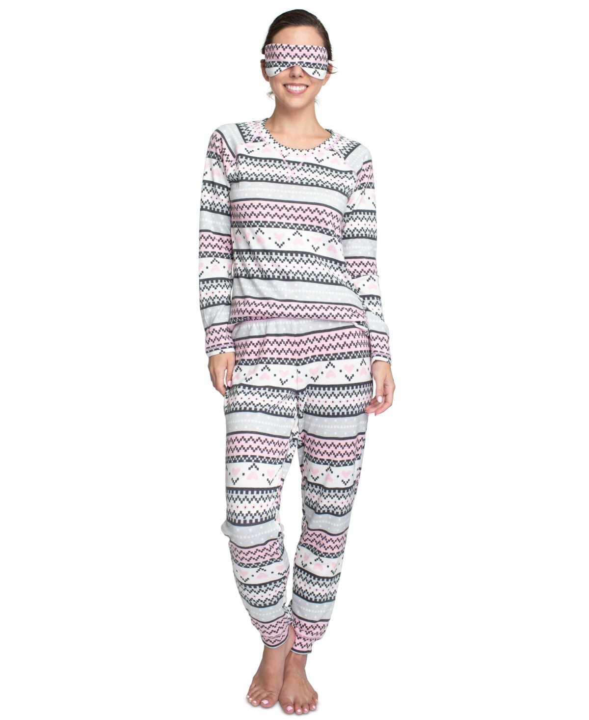 MUK LUKS Printed Hacci Pajamas & Sleep Mask Set Striped White and Red ...