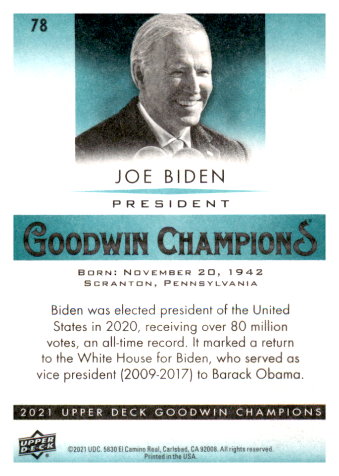 Joe Biden 2021 Horizontal Upper Deck Goodwin Champions #78 President ...