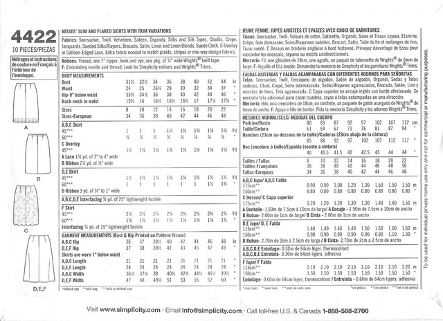 2005 Simplicity Sewing Pattern 4422 Womens Flared & Slim Skirts Size 8 ...