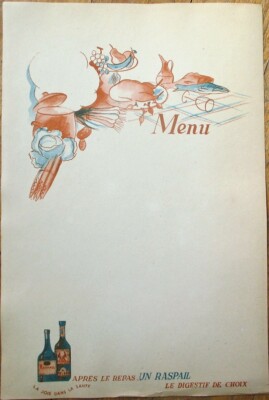 Raspail Digestif/Liqueur 1930s French Advertising Menu w/Food Vignette ...