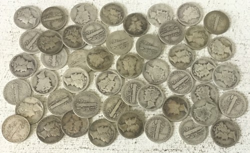 50 Coin Mercury Dime Lot 90% Silver Cull Slick $5 Face Winged Liberty ...