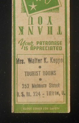 1940s Arrow Match Mrs. Walter K. Keppel Tourist Rooms 252 Melmore St ...