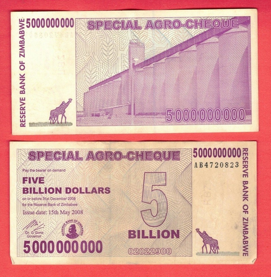 30 x 5 Billion Dollars Zimbabwe Special Agro Cheque Banknote 2008 COA ...