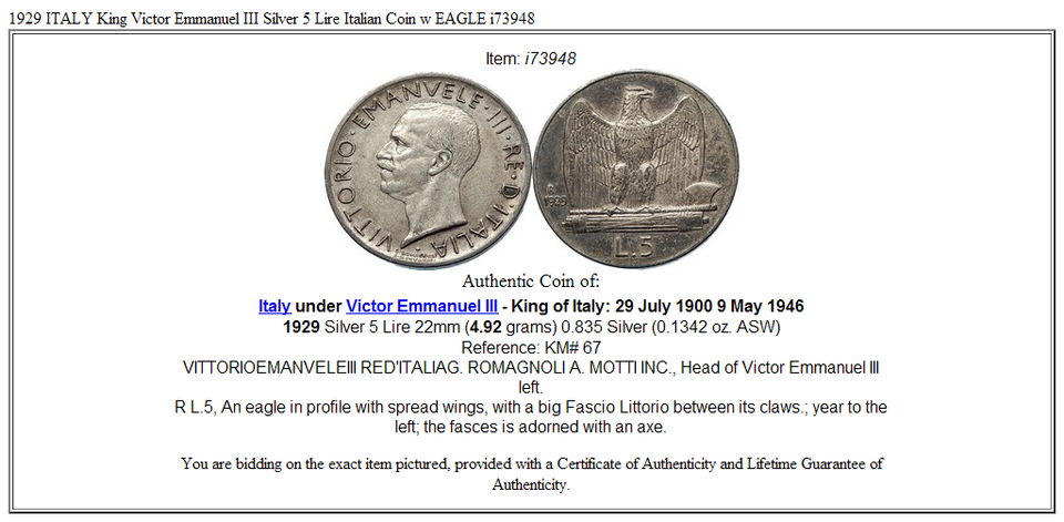 1929 ITALY King Victor Emmanuel III Silver 5 Lire Italian Coin w EAGLE ...