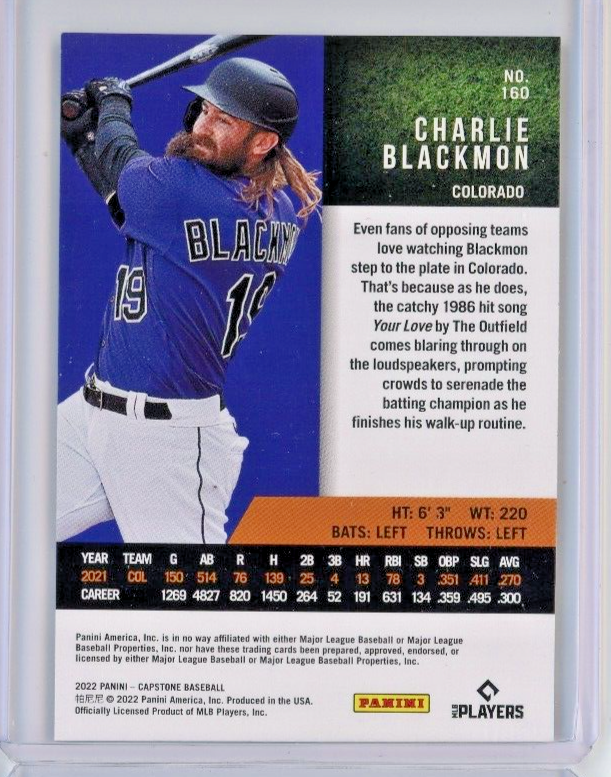 2022 Panini Capstone Luxury Suite #160 Charlie Blackmon - Colorado ...