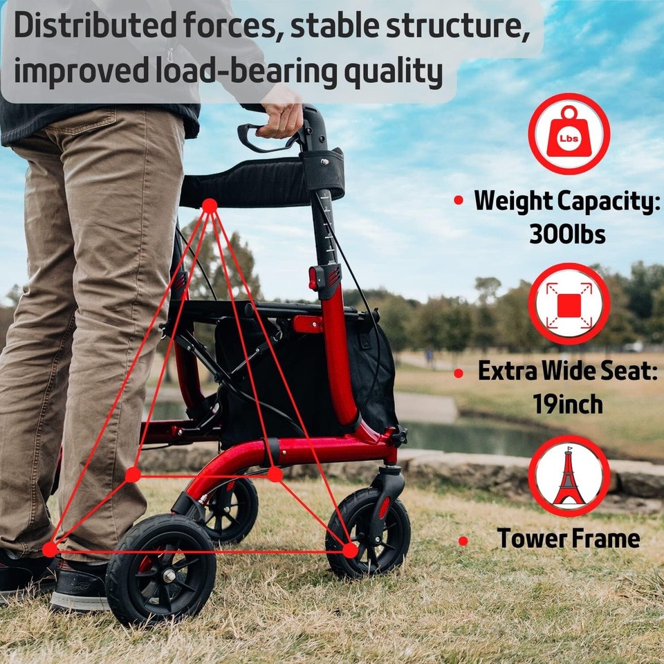 All-Terrain Rollator Walker for Seniors Rubber Wheels Foldable ...