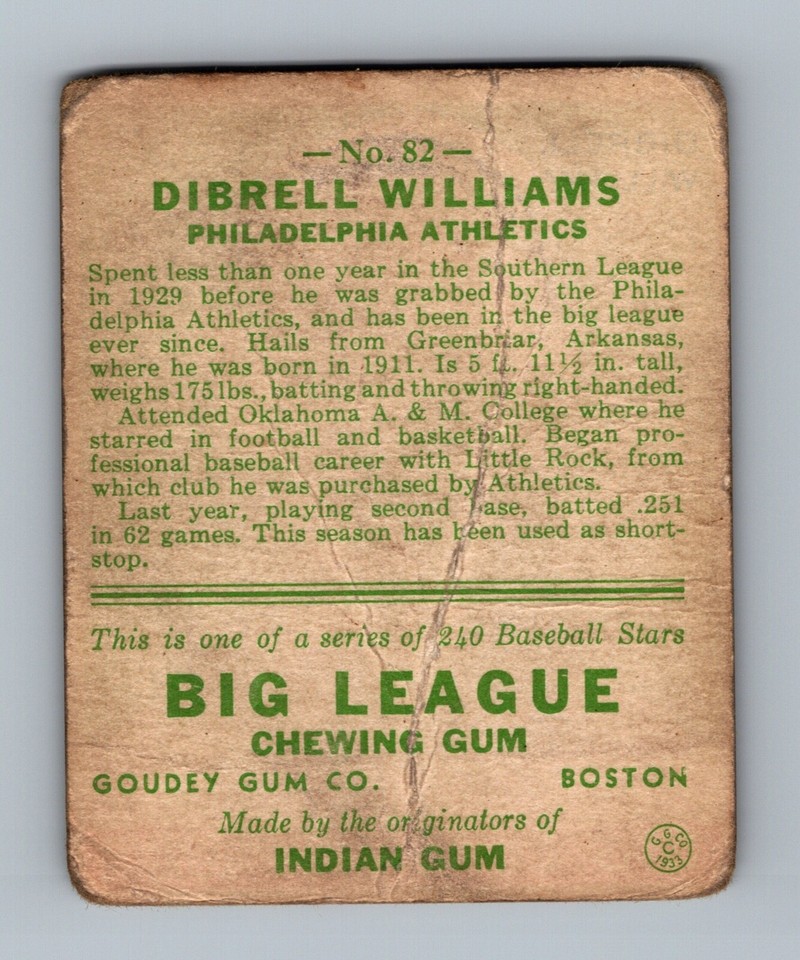 1933 Goudey #82 Dibrell Dib Williams LOW GRADE Vintage Baseball Card | eBay