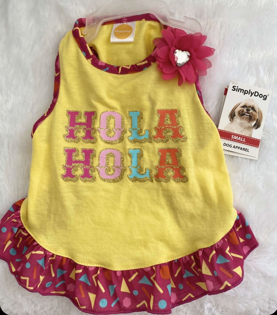 SimplyDog Yellow "Hola Hola" with Flower Dress size L | eBay