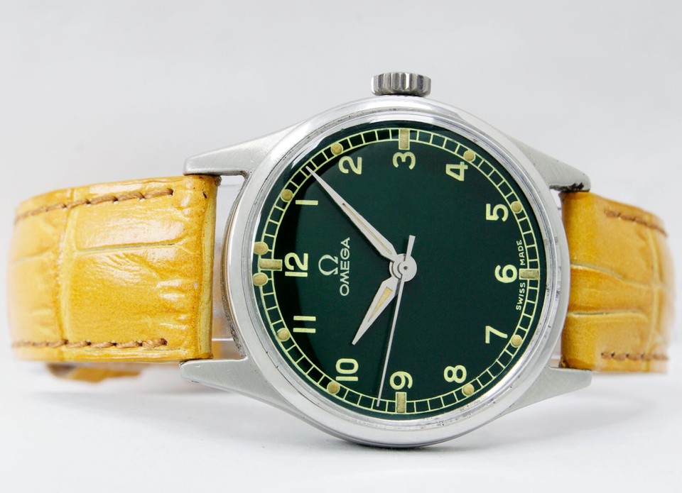 Vintage Omega Green Dial Winding 35mm Steel Civil Military Watch 2384-7 ...