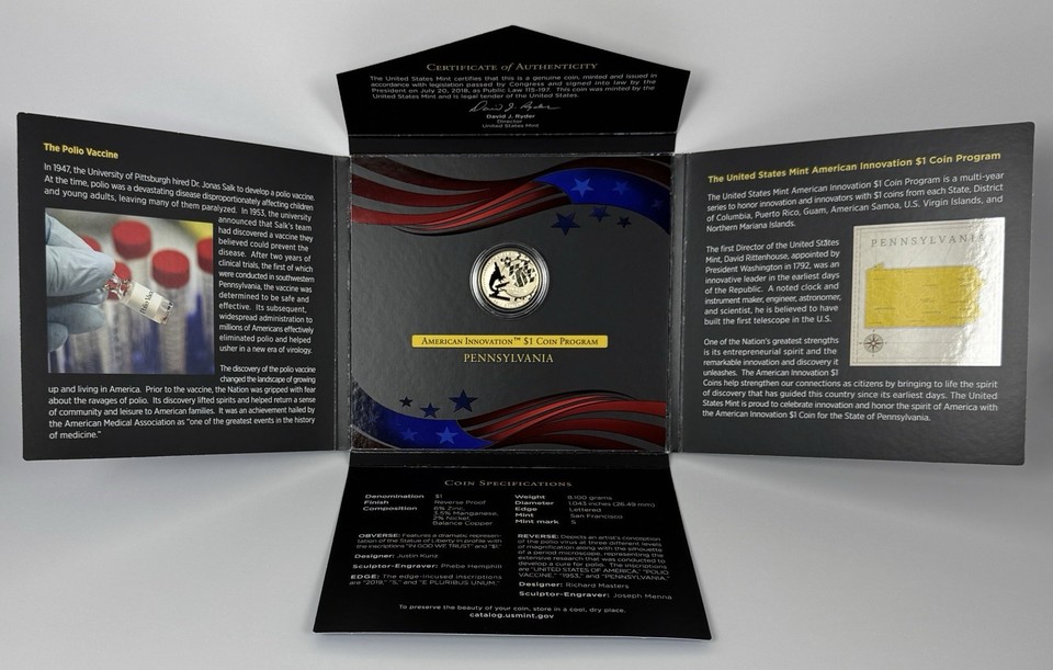 2019-S American Innovation Dollar $1 Reverse Proof Pennsylvania Polio ...