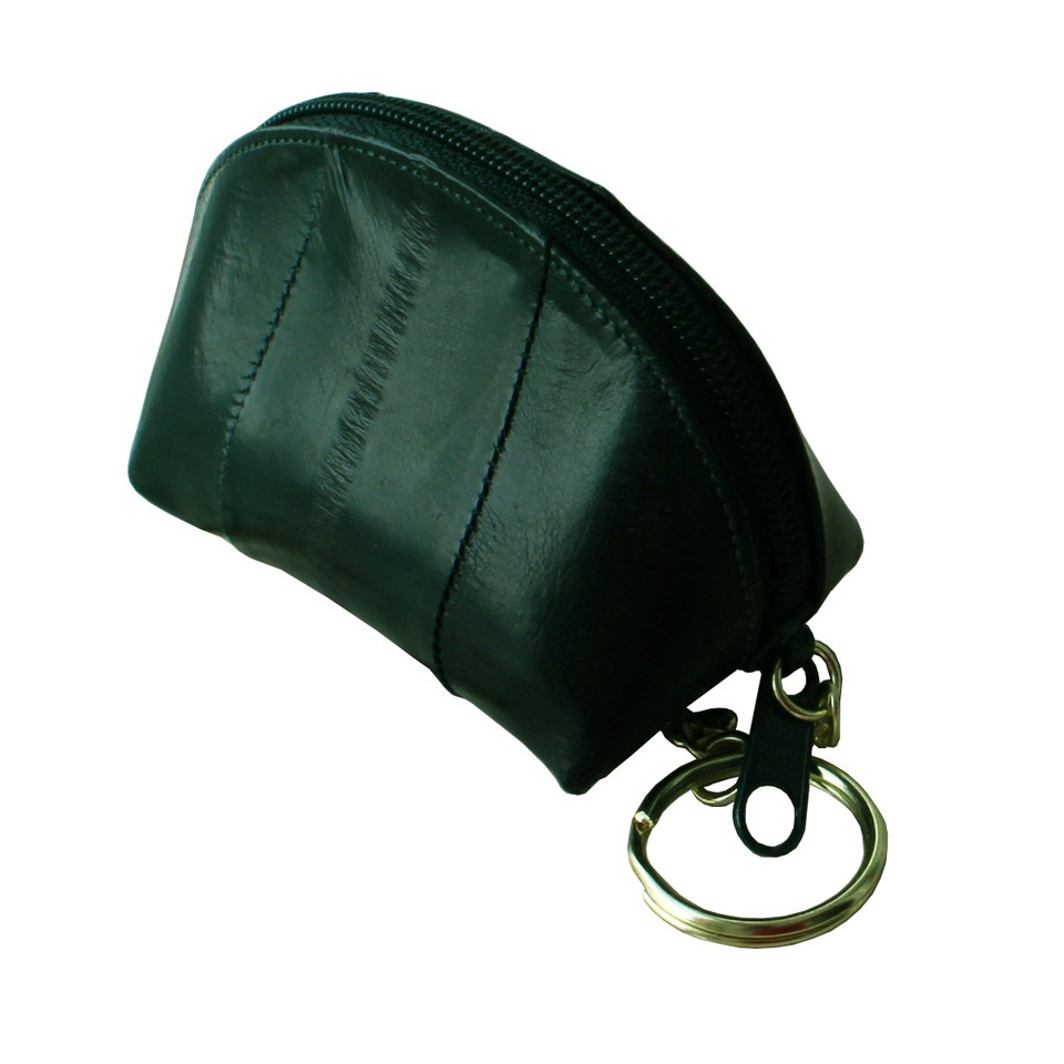 Genuine Eel Skin Leather Zippered Small Coin Purse with Key Ring Mini ...