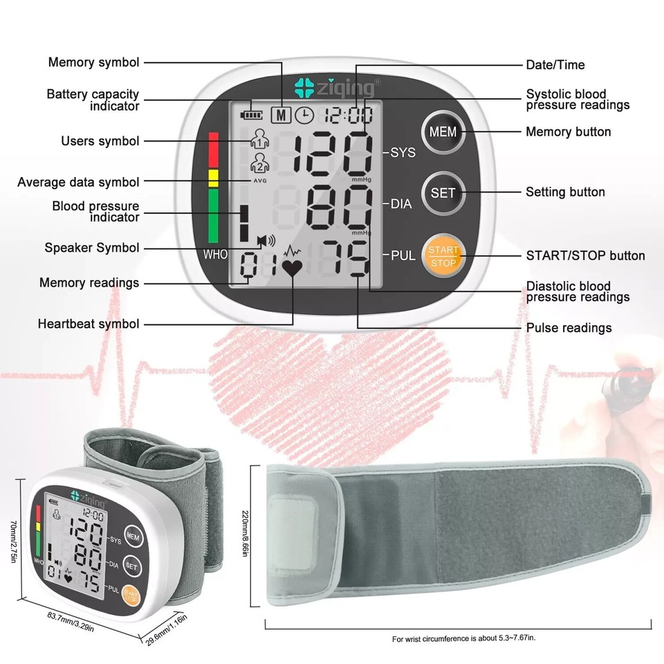 Digital Wrist Blood Pressure Monitor BP Machine Cuff LCD Heart Rate ...
