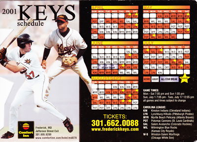 2001 FREDERICK KEYS MINOR LEAGUE BASEBALL MAGNET MAGNETIC SCHEDULE | eBay