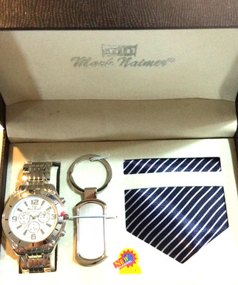 Mark Naimer Men's Watch Set Stainless Steel Silver Linked Band Key Chain & Tie! | eBay