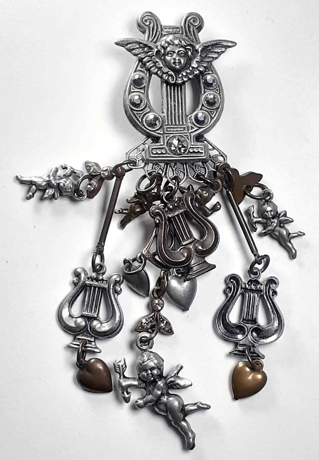 Hanging Harps Cherubs Hearts Charms with Rhinestones Brooch Two Tone ...