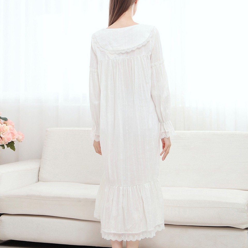 Women's Cotton Victorian Nightgown Long Sleeve Vintage Soft Ruffle ...